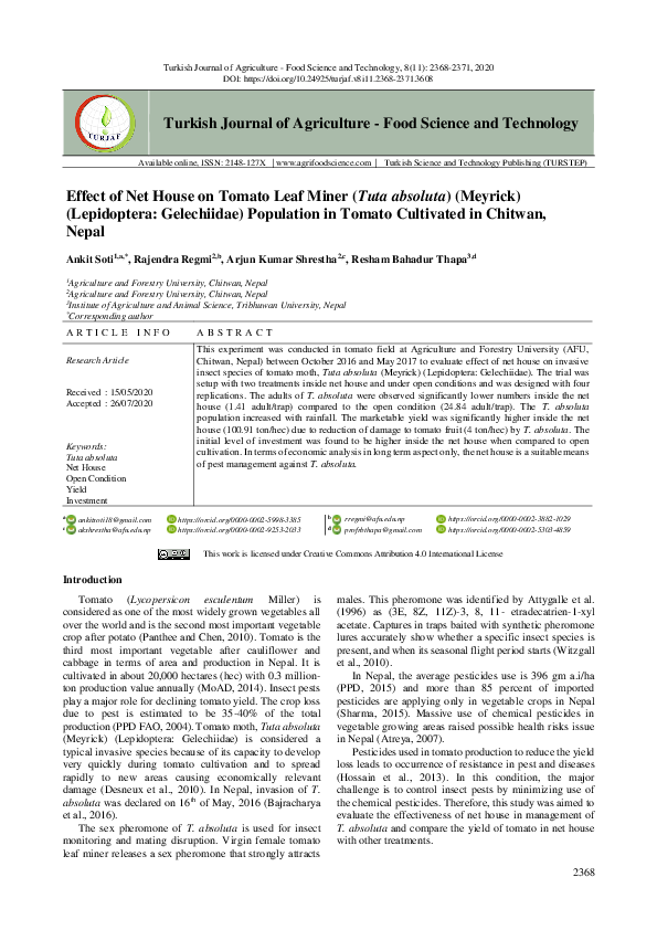 (PDF) Effect of Net House on Tomato Leaf Miner (Tuta absoluta) (Meyrick) (Lepidoptera ...