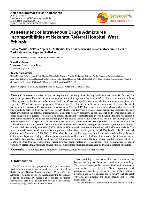 (PDF) Assessment of Intravenous Drugs Admixtures Incompatibilities at ...