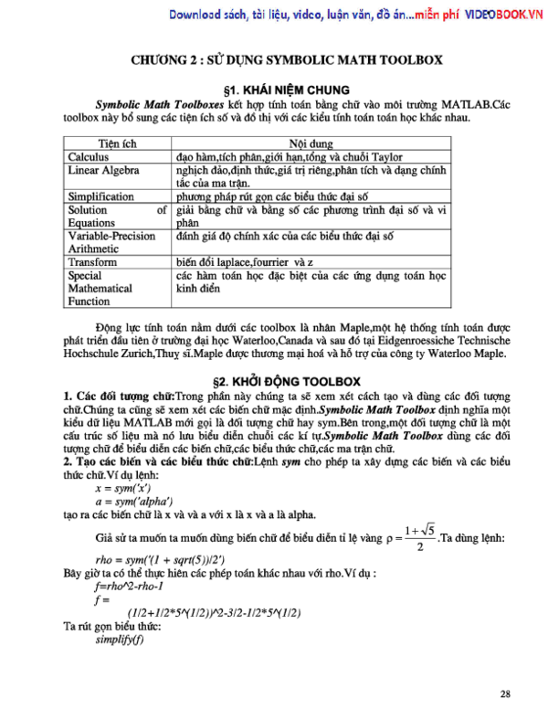 (PDF) Bài giảng Matlab Sử dụng symbolic math toolbox Tài liệu, ebook ...