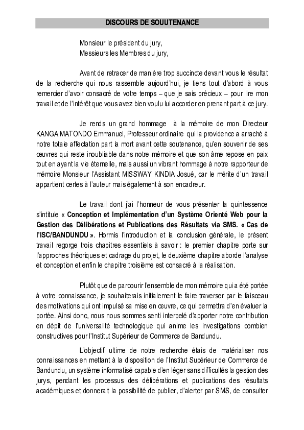 (PDF) DISCOURS DE SOUTENANCE MWANDEKE ASHAL LAURENT MEMOIRE DE LICENCE ...