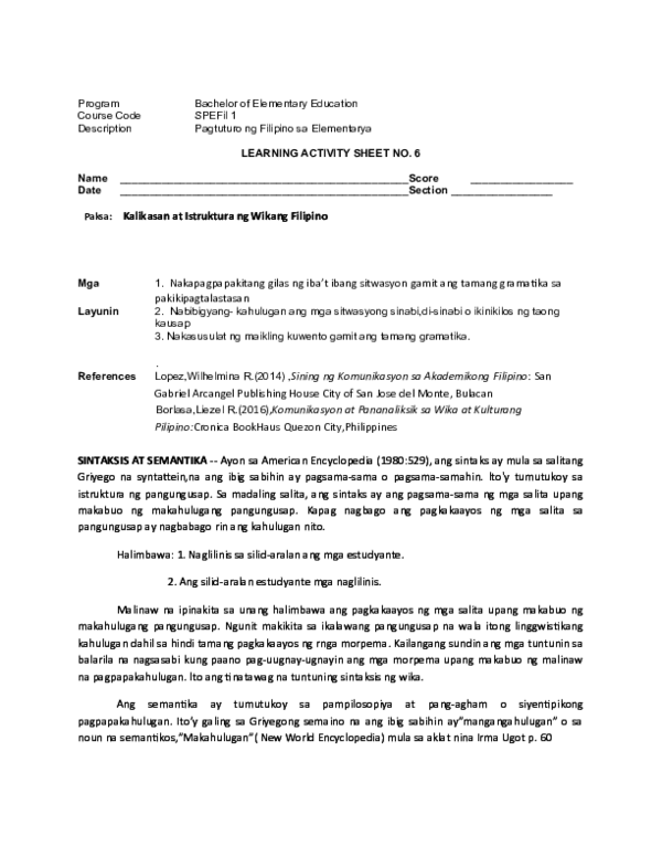 (DOC) Program Bachelor of Elementary Education Course Code SPEFil 1 ...