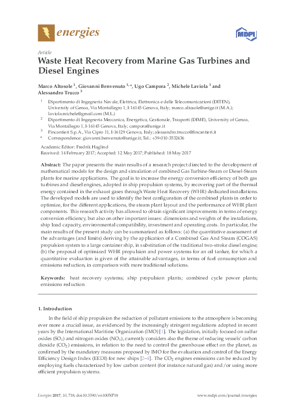 (PDF) Waste Heat Recovery from Marine Gas Turbines and Diesel Engines