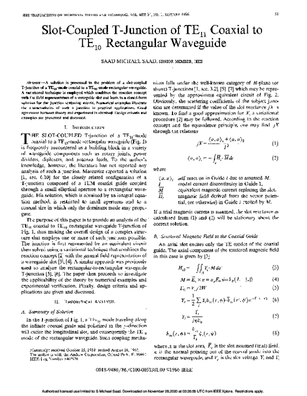 (PDF) Slot-Coupled T-junction of TE11 Coaxial to TE10 Rectangular Waveguide