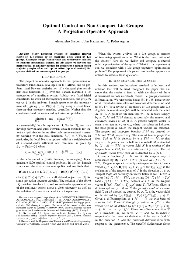 Pdf Optimal Control On Non Compact Lie Groups A Projection Operator Approach