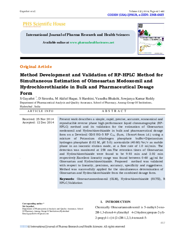 Pdf Method Development And Validation Of Rp Hplc Method For Simultaneous Estimation Of
