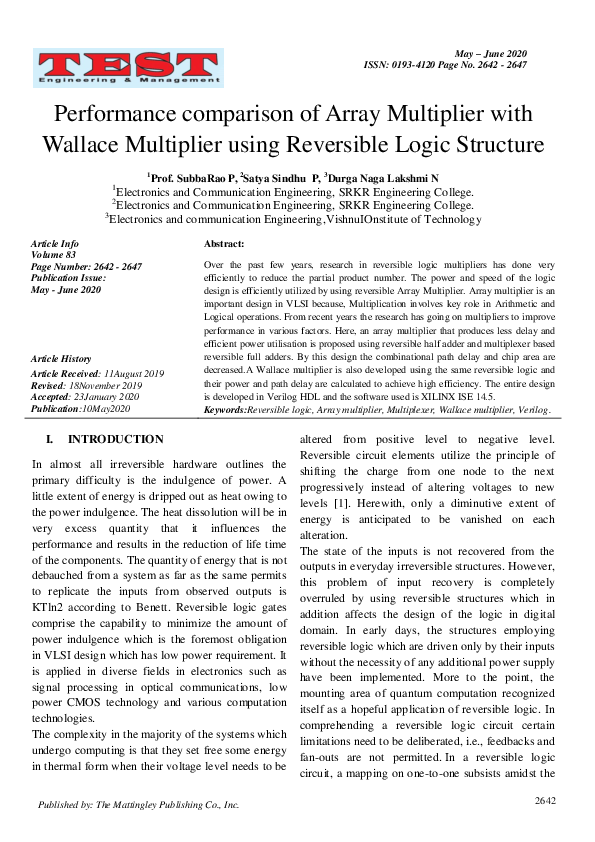 Pdf Performance Comparison Of Array Multiplier With Wallace Multiplier Using Reversible Logic