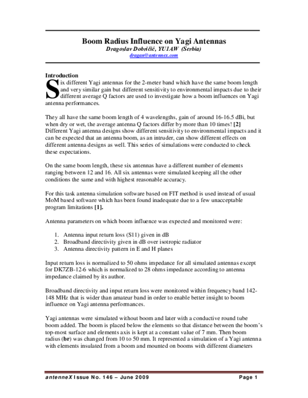 (PDF) Boom Radius Influence on Yagi Antennas