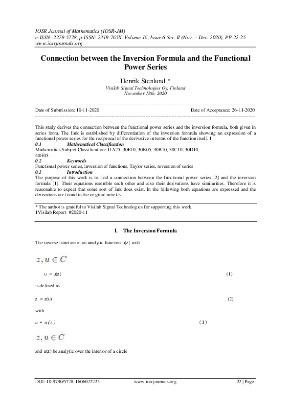 (PDF) Connection between the Inversion Formula and the Functional Power Series