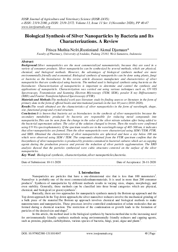 (PDF) Biological Synthesis of Silver Nanoparticles by Bacteria and Its Characterizations. A Review