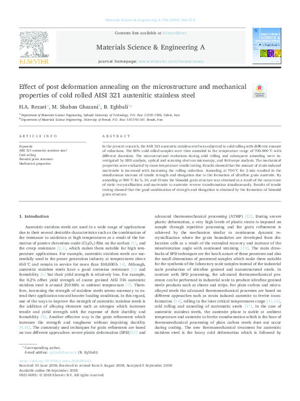 (PDF) Effect of post deformation annealing on the microstructure and mechanical properties of ...