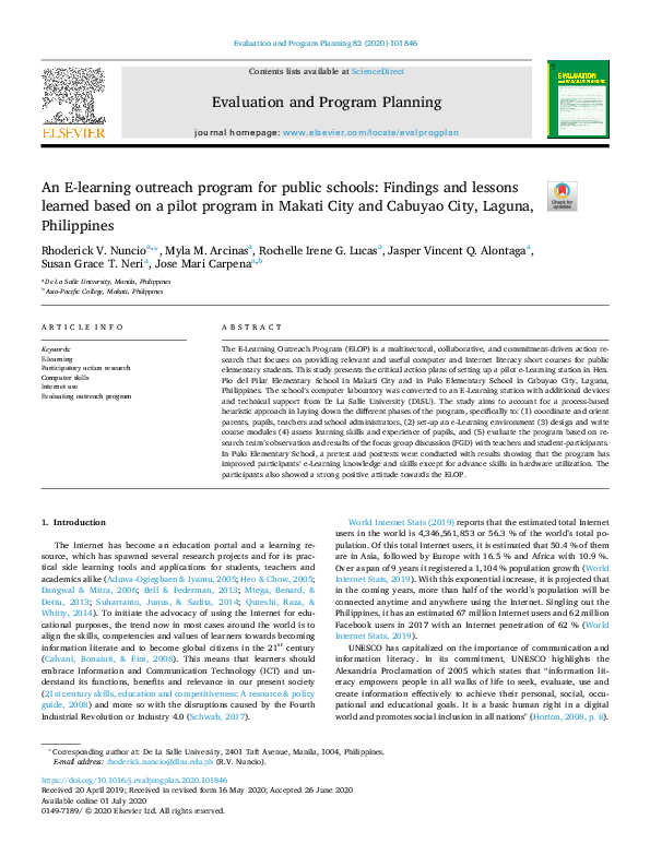 (PDF) An E-learning outreach program for public schools: Findings and ...