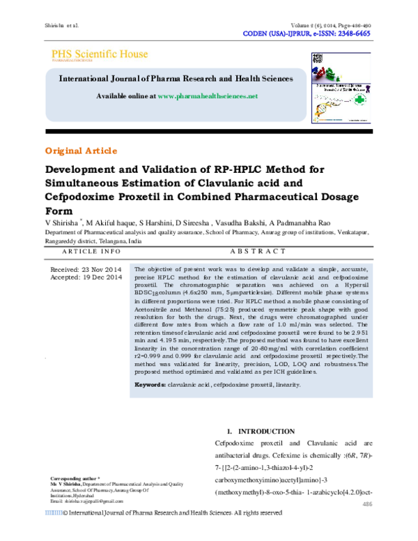 Pdf Development And Validation Of Rp Hplc Method For Simultaneous Estimation Of Clavulanic