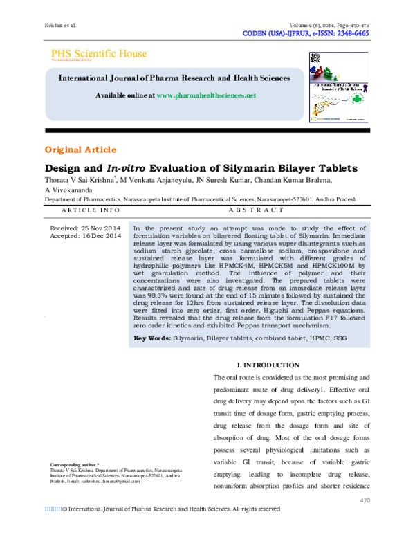 (PDF) Design and In-vitro Evaluation of Silymarin Bilayer Tablets