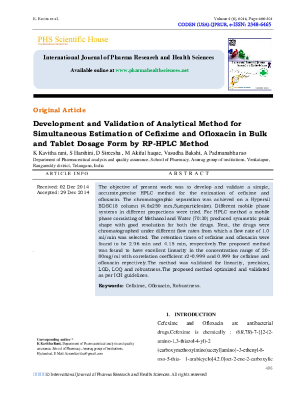 Pdf Development And Validation Of Analytical Method For Simultaneous Estimation Of Cefixime