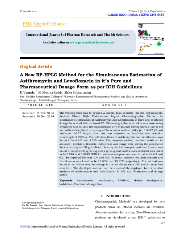Pdf A New Rp Hplc Method For The Simultaneous Estimation Of Azithromycin And Levofloxacin In