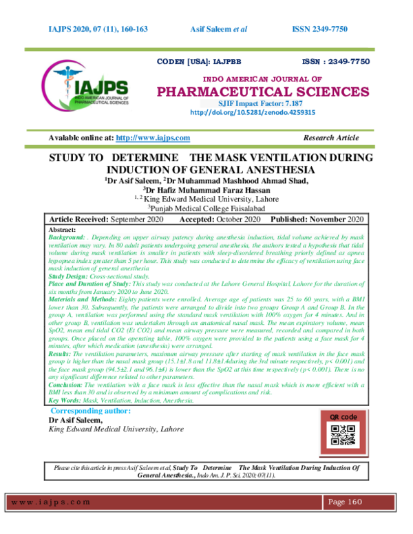 (PDF) STUDY TO DETERMINE THE MASK VENTILATION DURING INDUCTION OF ...