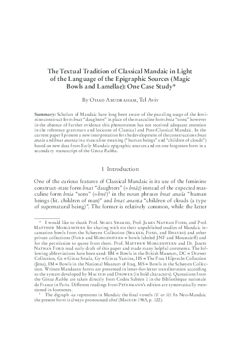 (PDF) Abudraham, The Textual Tradition of Classical Mandaic in Light of ...