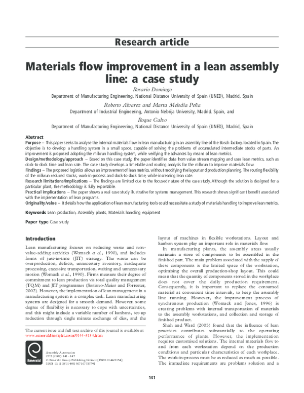 (PDF) Materials flow improvement in a lean assembly line: a case study
