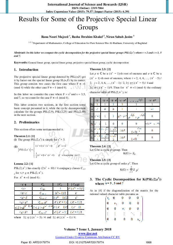 (PDF) Results for Some of the Projective Special Linear Groups | Rana Noori - Academia.edu