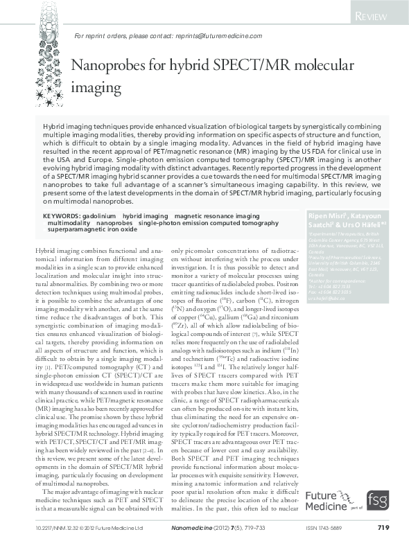 (PDF) Nanoprobes for hybrid SPECT/MR molecular imaging