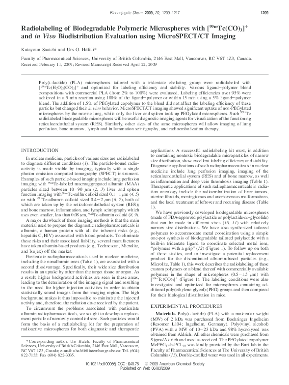 (PDF) Radiolabeling of Biodegradable Polymeric Microspheres with ( 99m ...