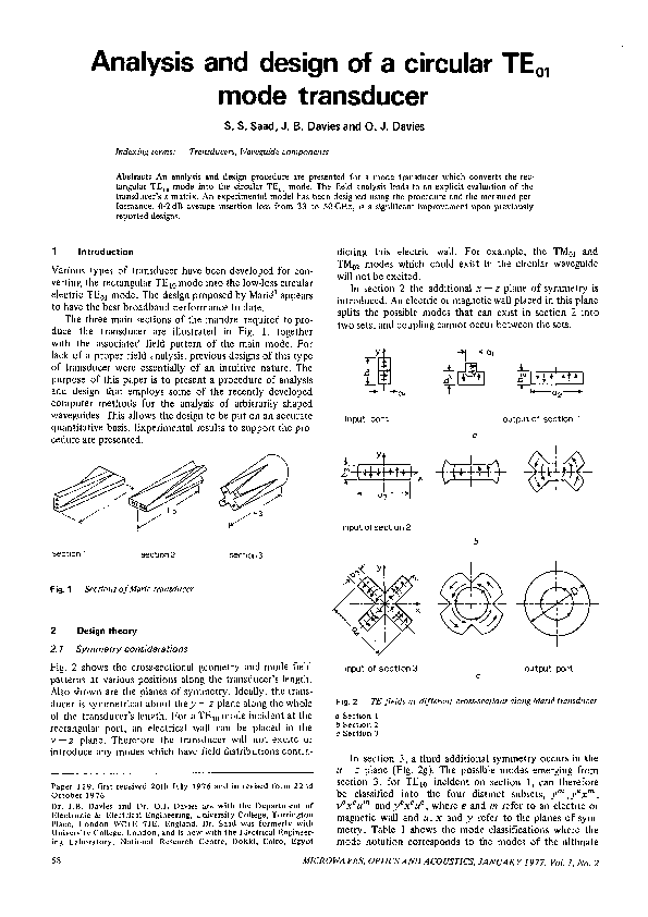(PDF) Analysis and Design of a Circular TE01 Mode Transducer
