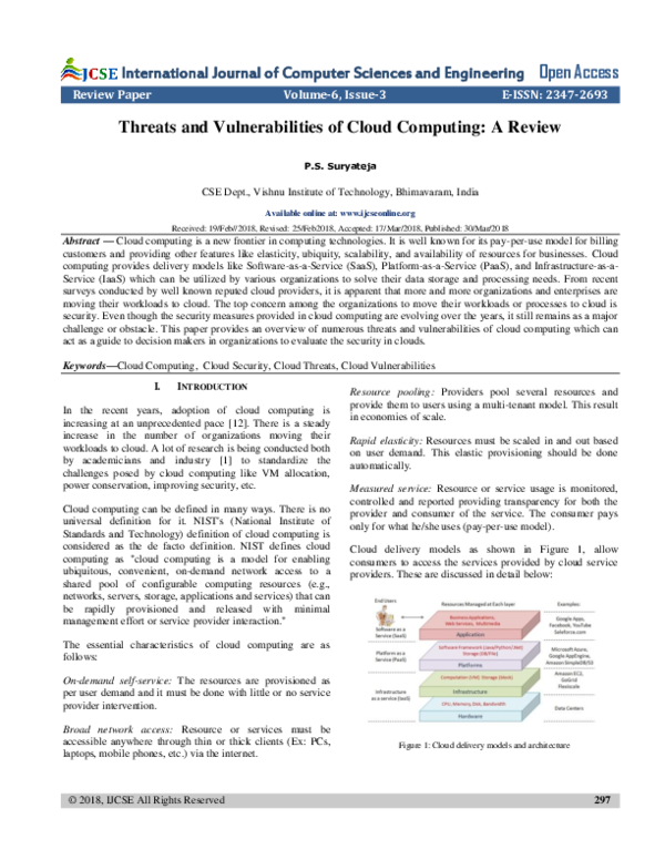 Pdf Threats And Vulnerabilities Of Cloud Computing A Review
