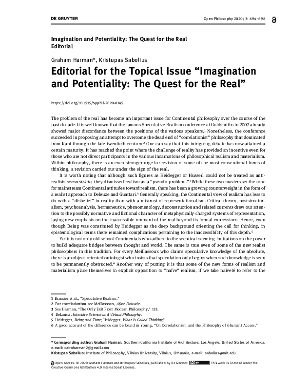 (PDF) Editorial for the Topical Issue "Imagination and Potentiality ...