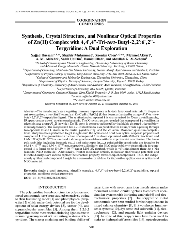 (PDF) Synthesis, Crystal Structure, and Nonlinear Optical Properties of Zn(II) Complex with 4,4 ...