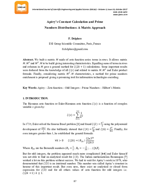 (PDF) Apéry's Constant Calculation and Prime Numbers Distributions: A ...