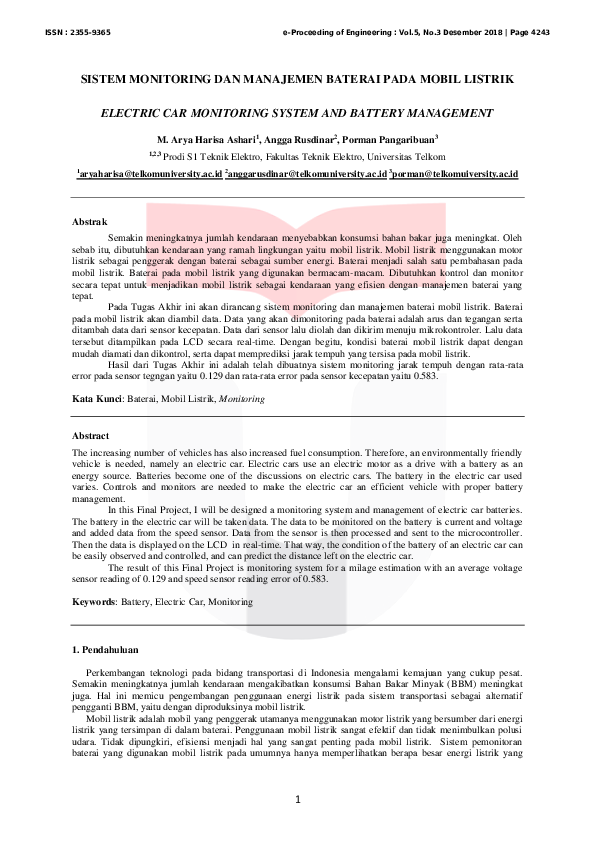 Pdf Sistem Monitoring Dan Manajemen Baterai Pada Mobil Listrik Electric Car Monitoring System