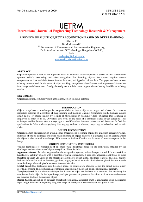 Pdf A Review Of Multi Object Recognition Based On Deep Learning