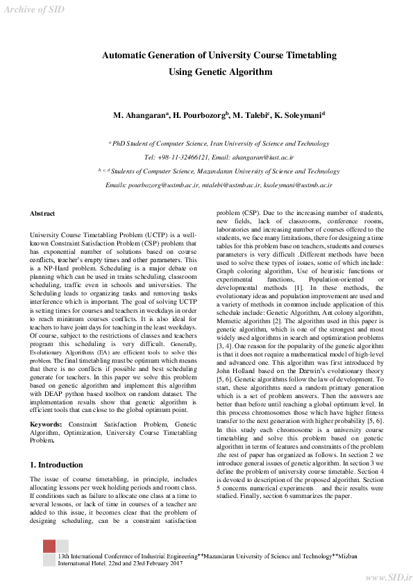 (PDF) Automatic Generation of University Course Timetabling Using Genetic Algorithm