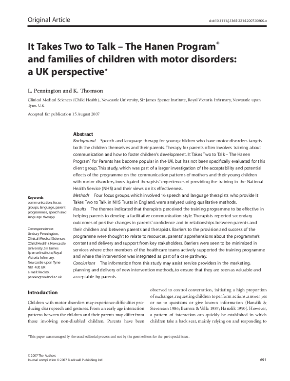 (PDF) It Takes Two to Talk – The Hanen Program ® and families of ...