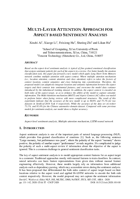 Pdf Multi Layer Attention Approach For Aspect Based Sentiment Analysis