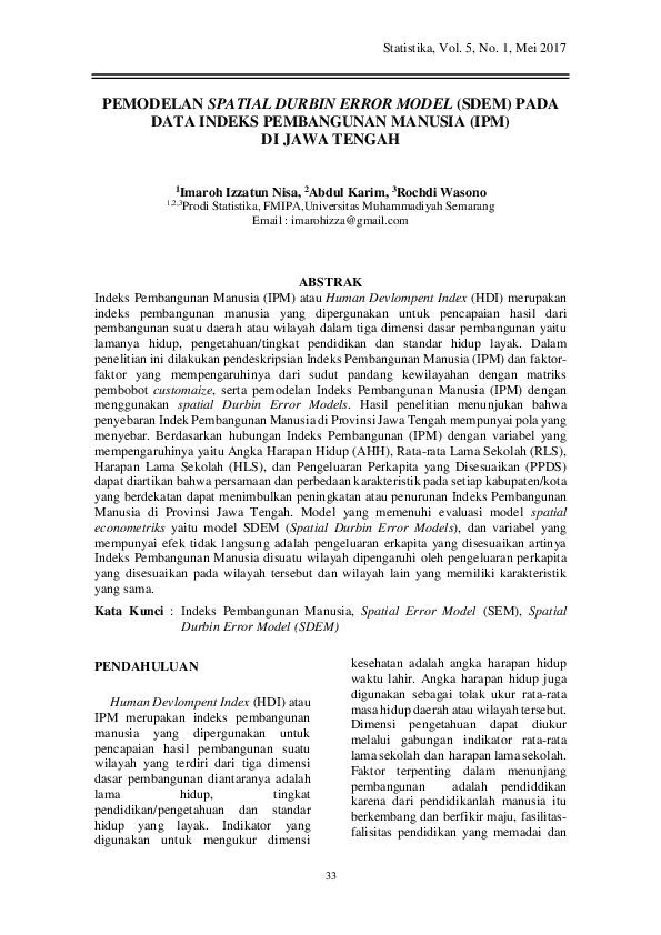 (PDF) PEMODELAN SPATIAL DURBIN ERROR MODEL (SDEM) PADA DATA INDEKS PEMBANGUNAN MANUSIA (IPM