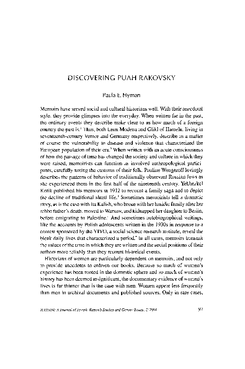 (PDF) Paula E. Hyman, “Discovering Puah Rakovsky,” Nashim, vol. 7 ...