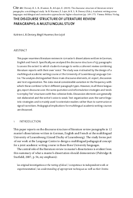 (PDF) THE DISCOURSE STRUCTURE OF LITERATURE REVIEW PARAGRAPHS: A ...