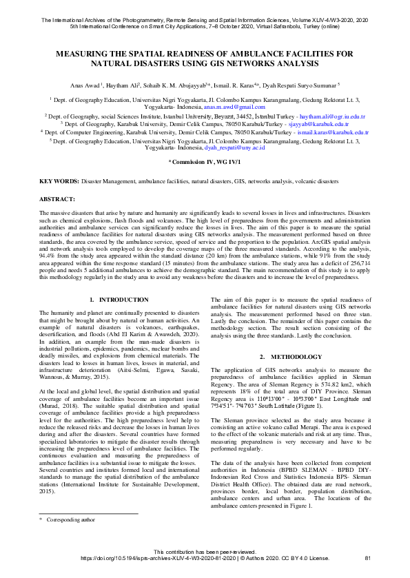 (PDF) MEASURING THE SPATIAL READINESS OF AMBULANCE FACILITIES FOR NATURAL DISASTERS USING GIS ...