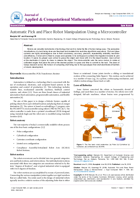 (PDF) Automatic pick and place robot manipulation using a microcontroller