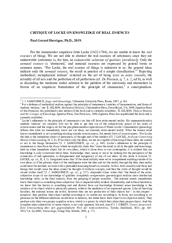 (PDF) Critique of Locke on Knowledge of Real Essences