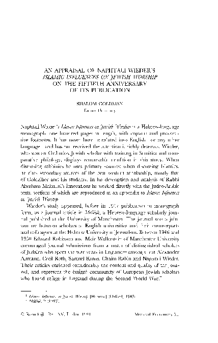 (PDF) Shalom Goldman, “An Appraisal of Naphtali Wieder’s ‘Islamic ...