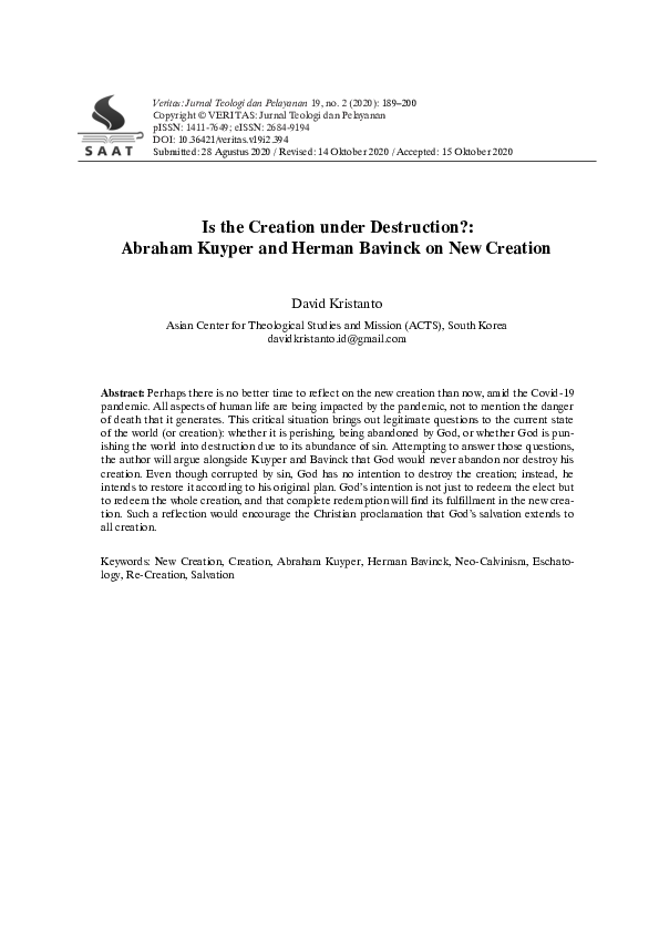 (PDF) Is the Creation under Destruction?: Abraham Kuyper and Herman ...
