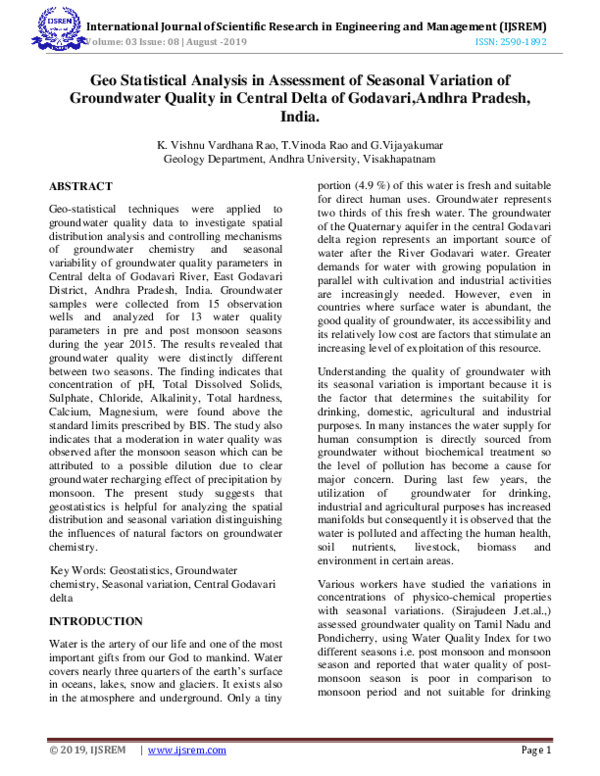 (PDF) Geo Statistical Analysis in Assessment of Seasonal Variation of Groundwater Quality in ...