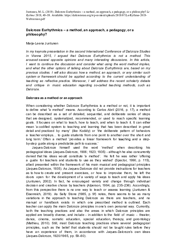(PDF) Dalcroze Eurhythmics -a method, an approach, a pedagogy, or a ...