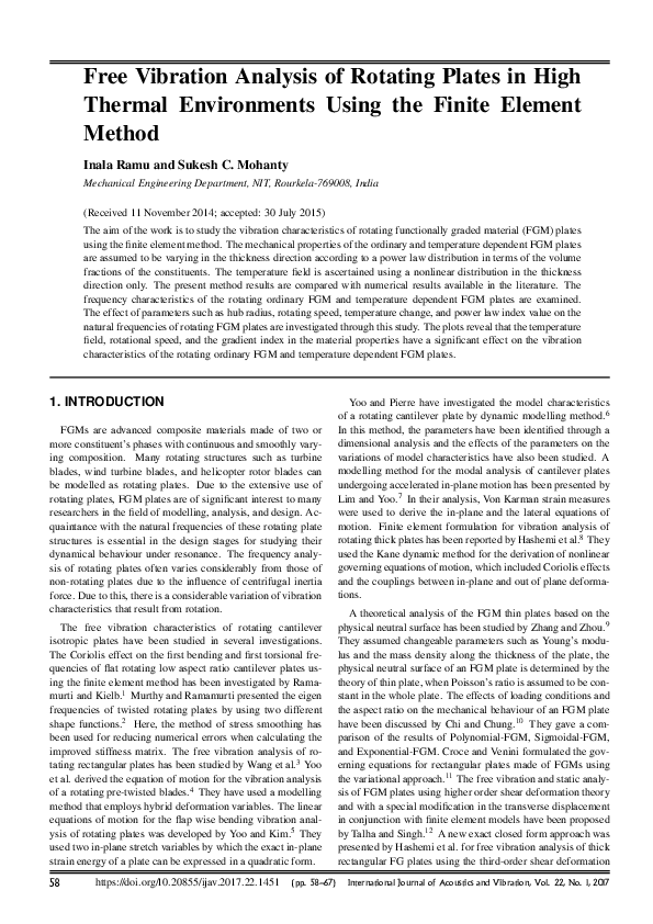 Pdf Free Vibration Analysis Of Rotating Plates In High Thermal Environments Using The Finite