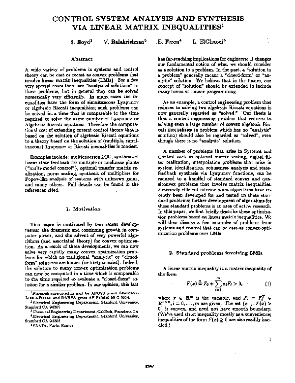 Pdf Control System Analysis And Synthesis Via Linear Matrix Inequalities