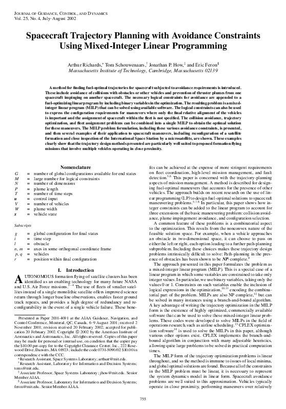 Pdf Spacecraft Trajectory Planning With Avoidance Constraints Using Mixed Integer Linear