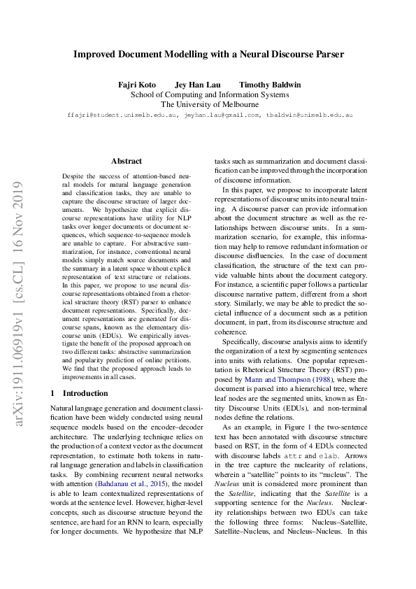 Pdf Improved Document Modelling With A Neural Discourse Parser