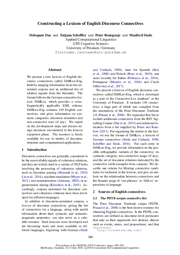 (PDF) DiMLex-Eng: A Lexicon of English Discourse Connectives